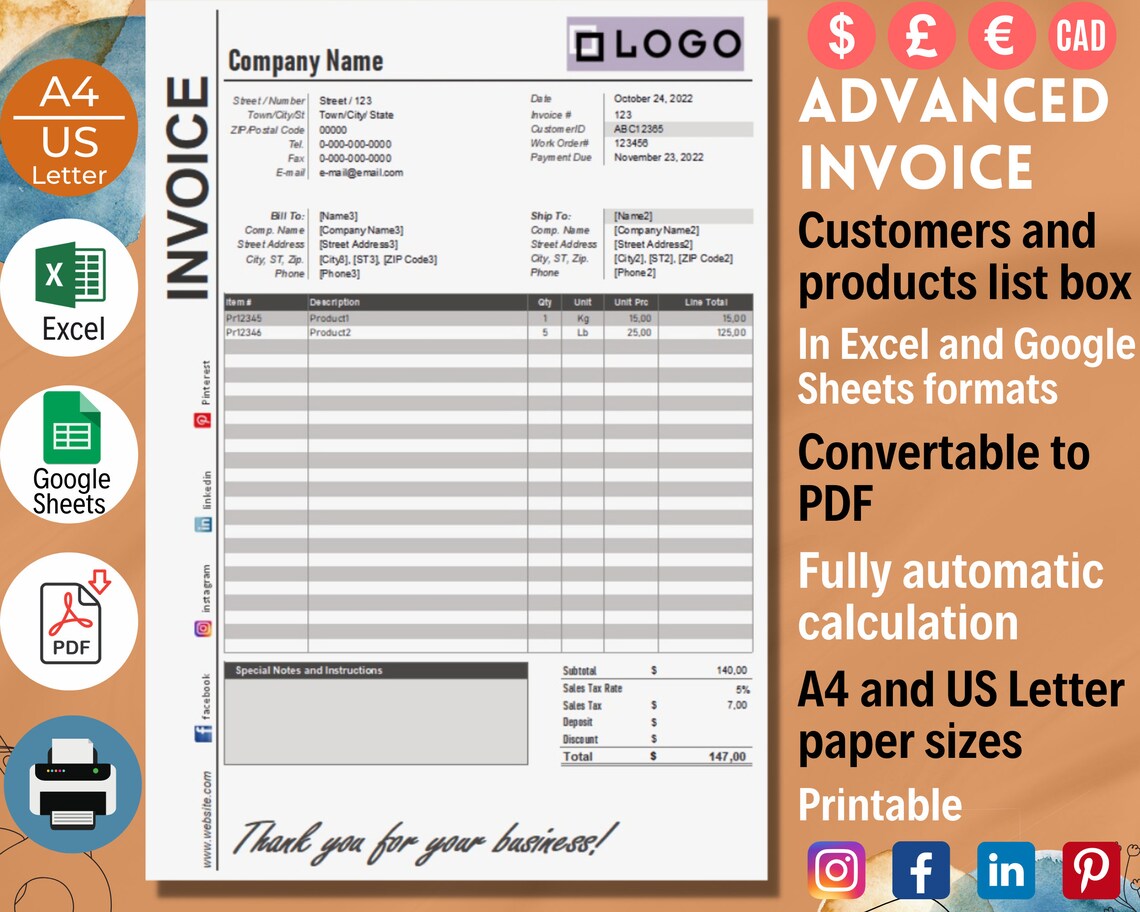 Advanced Invoice Template Selected From Customers and - Etsy