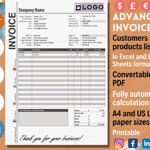 Advanced Invoice Template Selected From Customers and - Etsy
