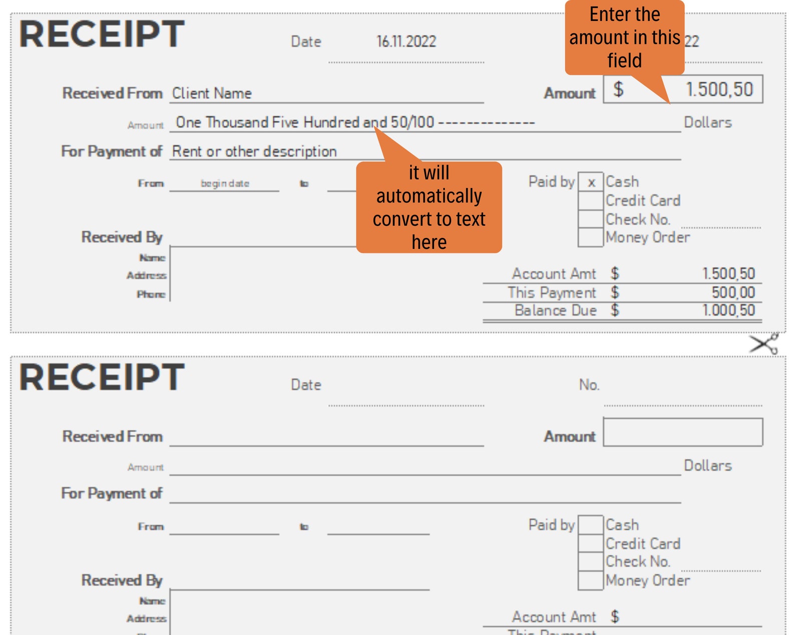 Receipt Template Excel and Google Sheets Convertible PDF - Etsy