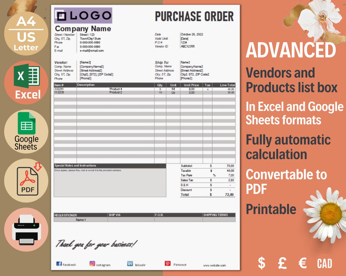 Advanced Purchase Order Form Template Google Sheets MS - Etsy