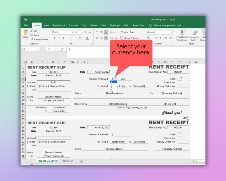 Rental Receipt Template, Excel, Google Sheets, PDF, Receipt Form, for Small Business, Printable ...