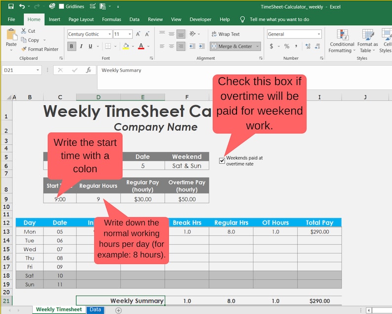 Weekly Timesheets Employee Table, With Break, Salary Calculator, Excel ...