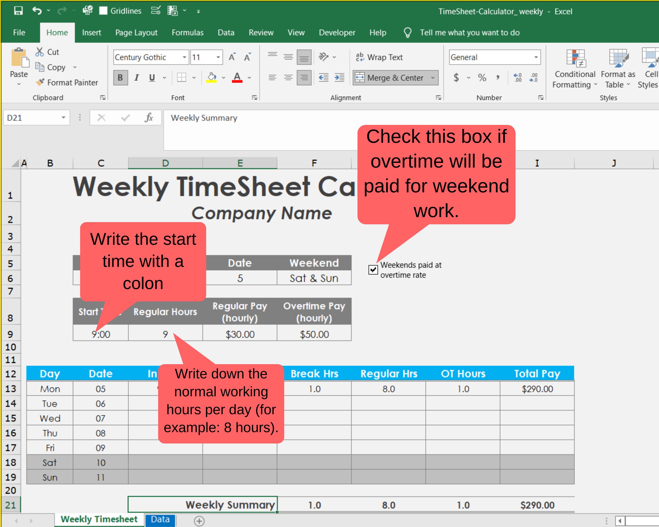 Weekly Timesheets Employee Table, With Break, Salary Calculator, Excel ...
