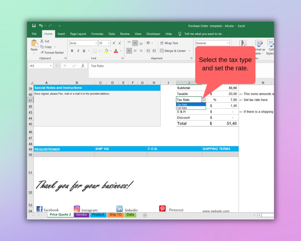 Advanced Purchase Order Form Template, Google Sheets, MS Excel ...