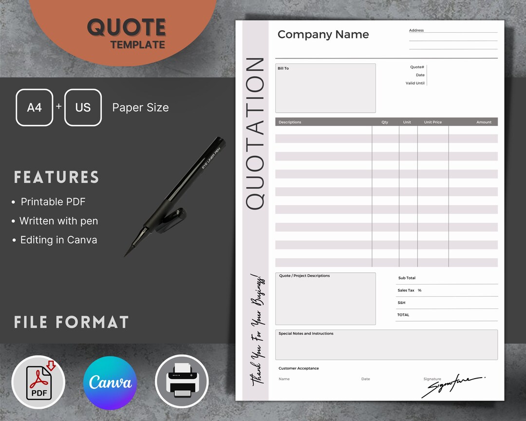 Quotation Template in Printable, Ready Pdf Format, Editable in Canva ...