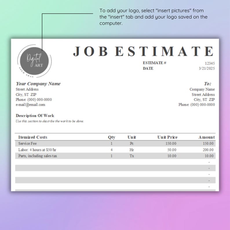 Editable Job Estimate Template: Google Sheets & Excel (printable PDF ...