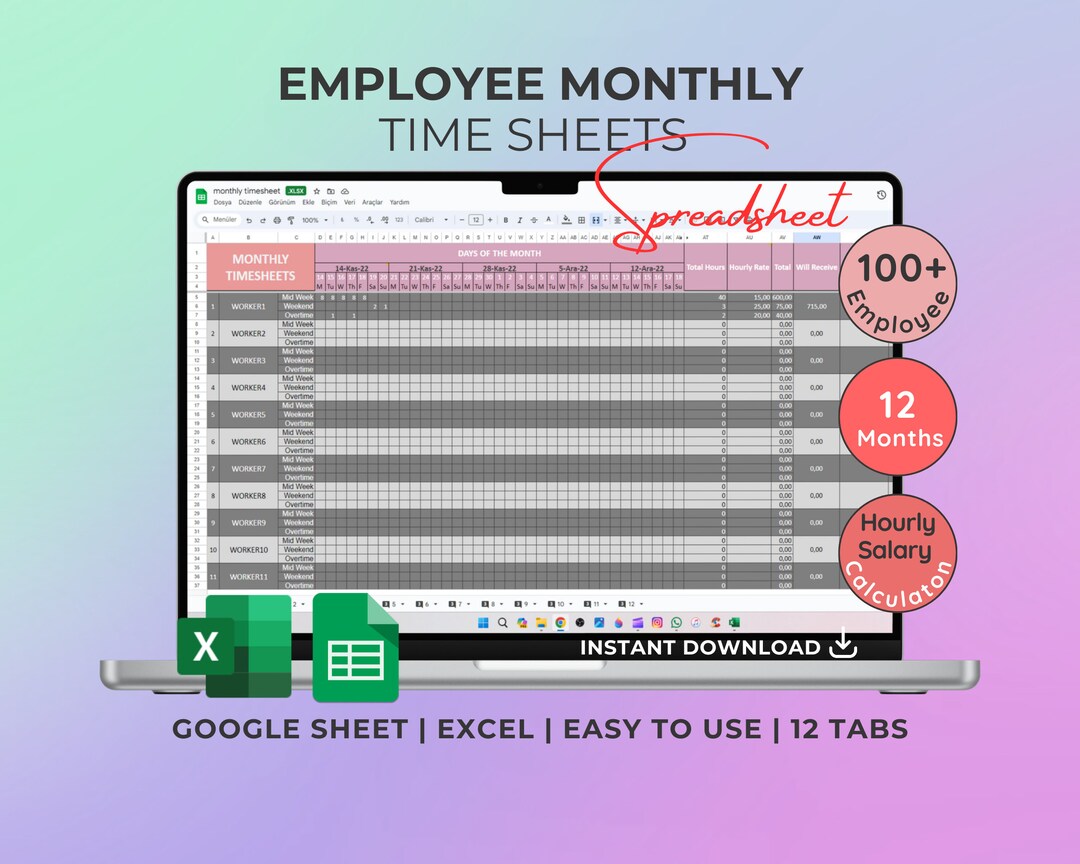 Monthly Time Employee Chart, Salary Calculator, Employee Work Schedule ...