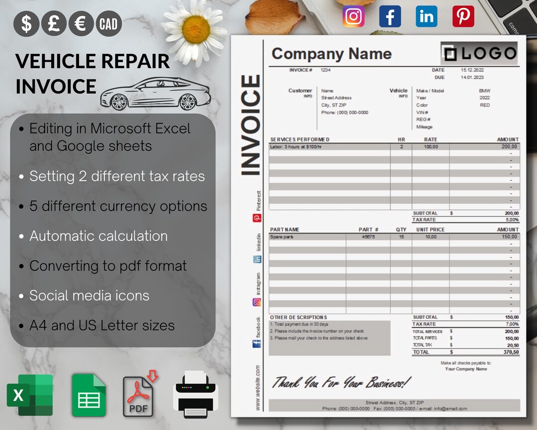 Vehicle Maintenance and Repair Invoice Template Excel Google - Etsy
