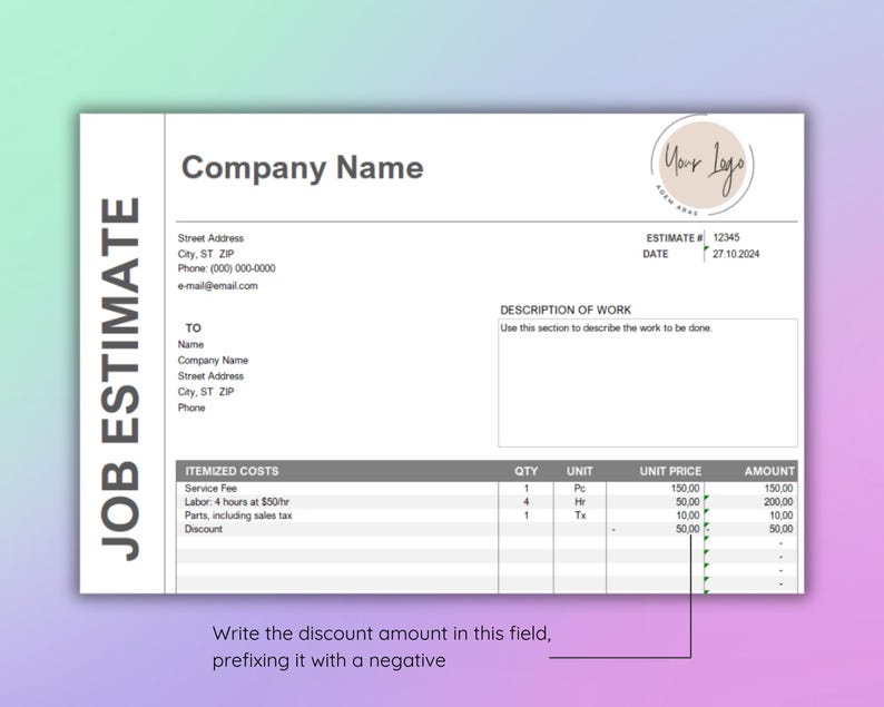 Job Estimate Template: Excel & Google Sheets, Small Business (printable ...