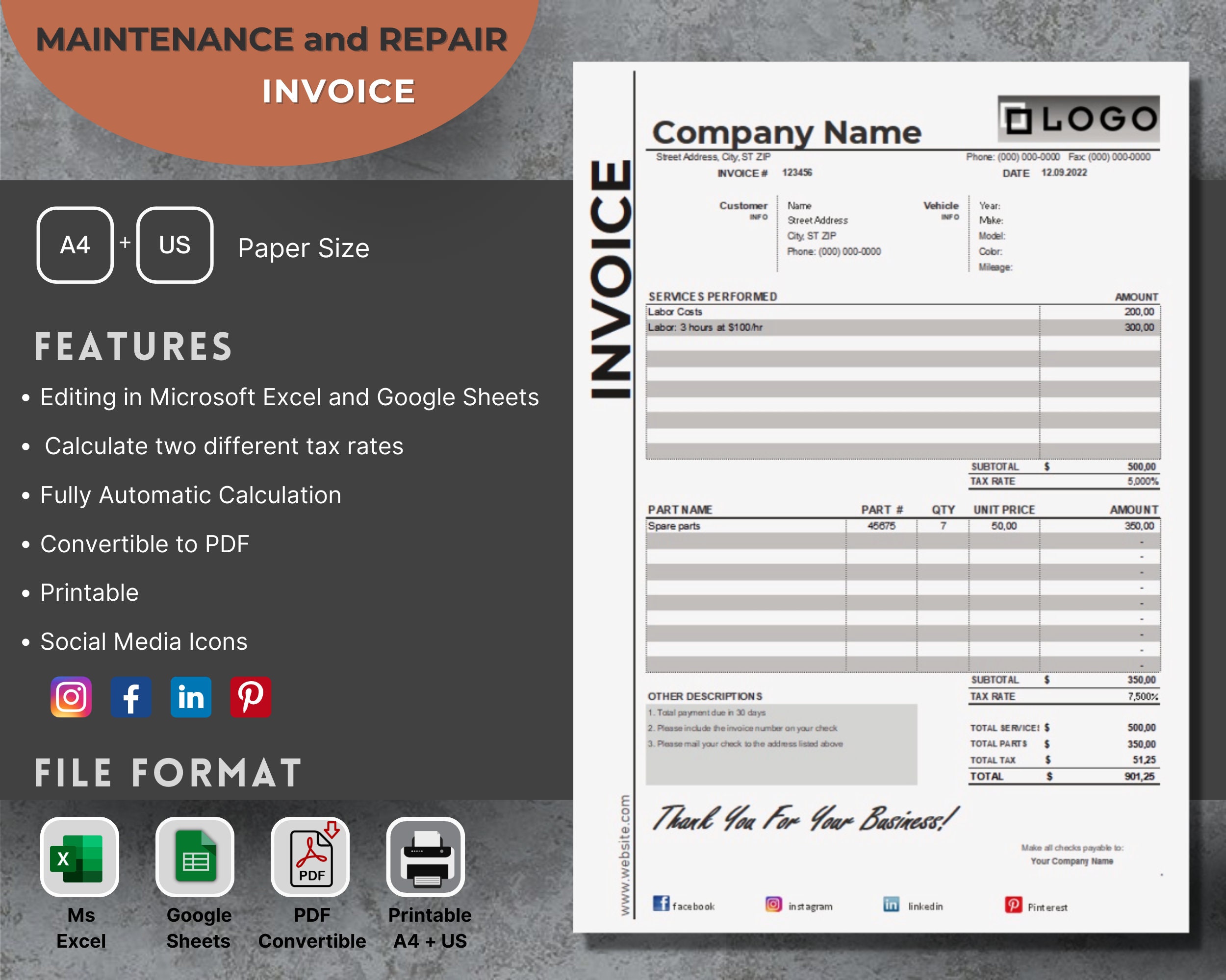 Maintenance and Repair Invoice Template Excel Google Sheets - Etsy