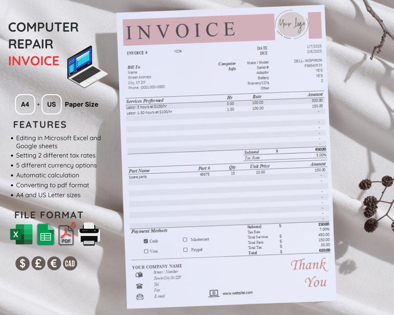 Computer Repair Invoice Template | Editable Excel & Google Sheets ...