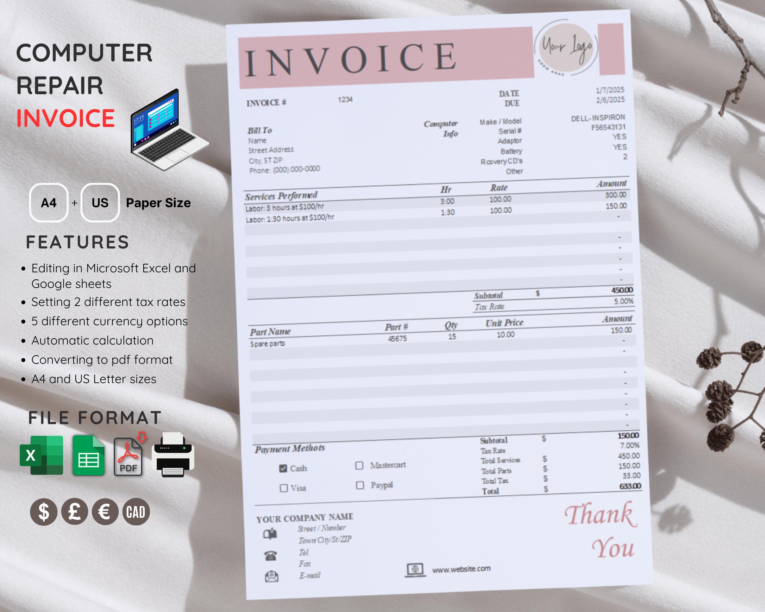Computer Repair Invoice Template | Editable Excel & Google Sheets ...