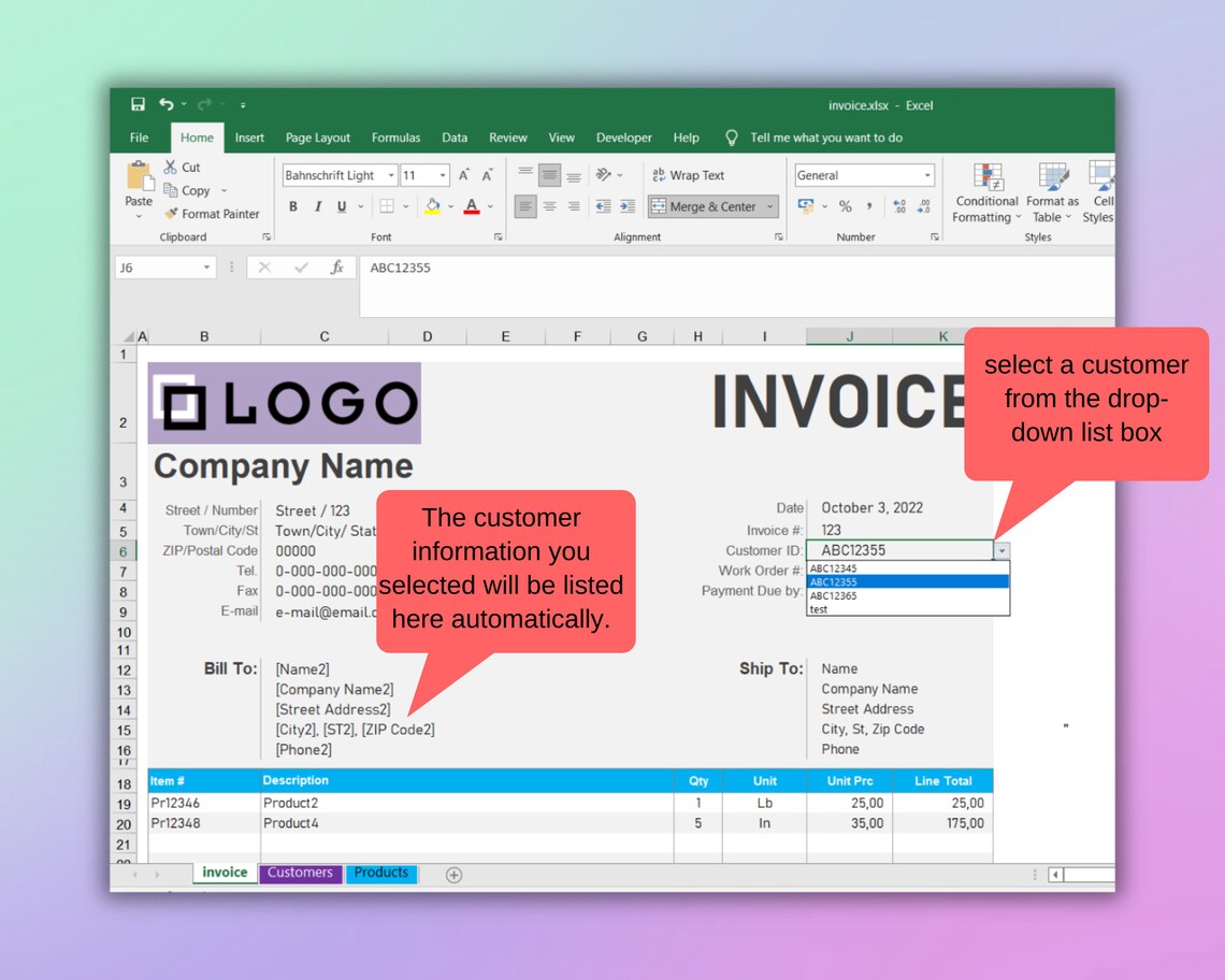 Advanced Invoice Template, Selected From Customers and Products List ...