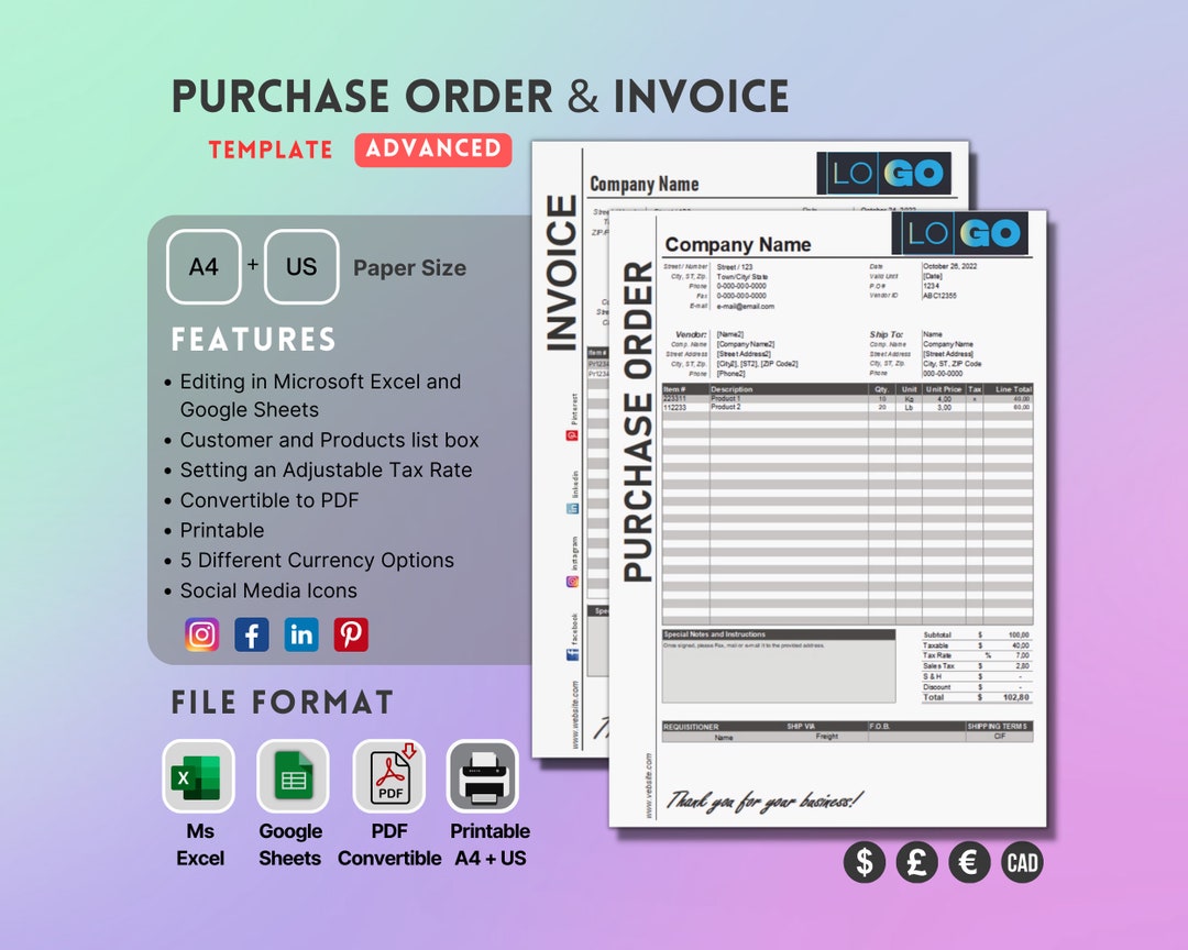 Advanced Invoice and Purchase Order Template, Selected From Customers ...