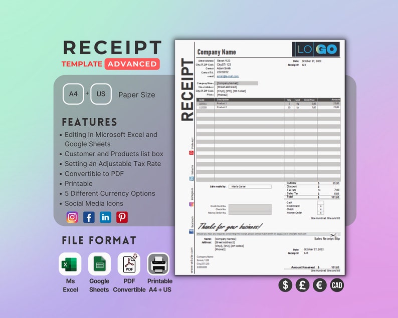 Advanced Receipt Template, Excel, Google Sheets, Convertible PDF ...