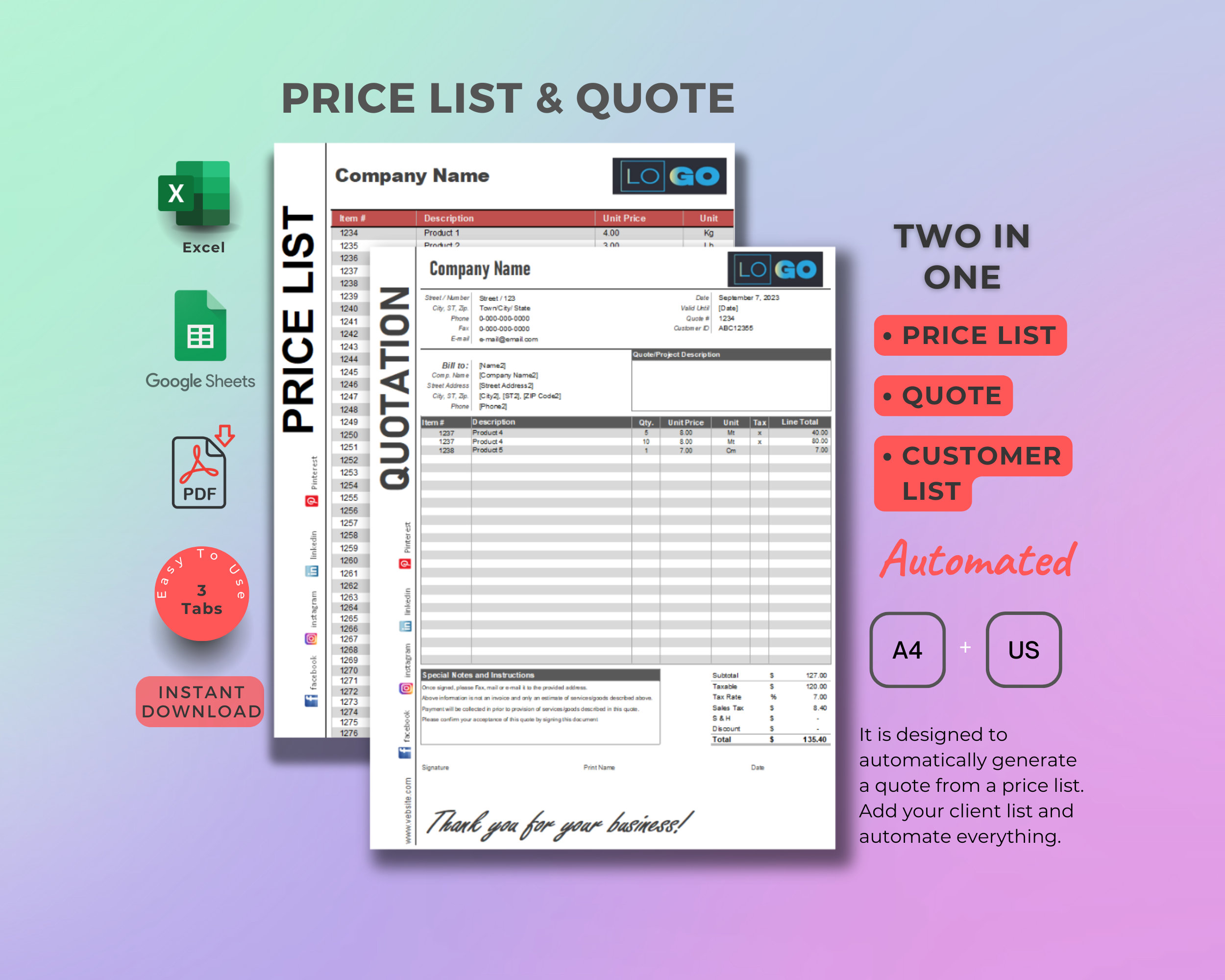 Automated Price List and Quote Template, Google Sheets and Excel, PDF ...