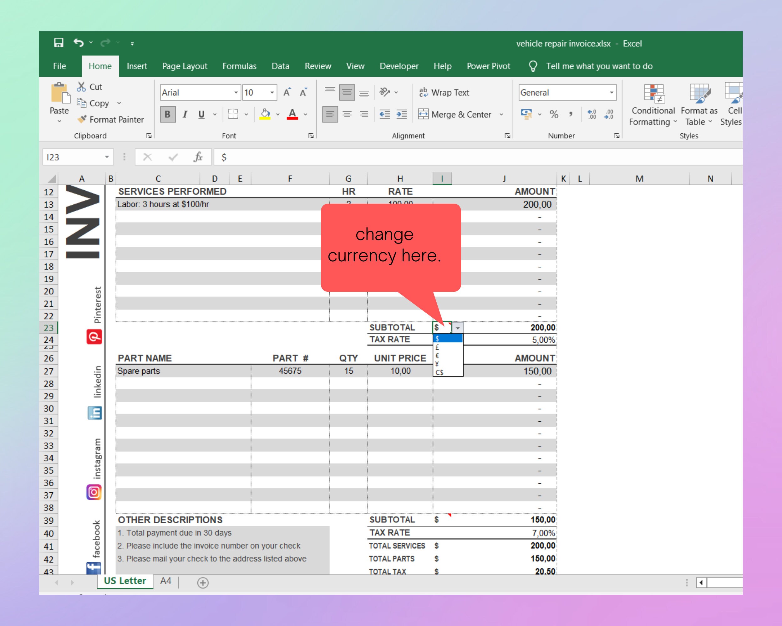Vehicle Maintenance and Repair Invoice Template, Excel, Google Sheets ...