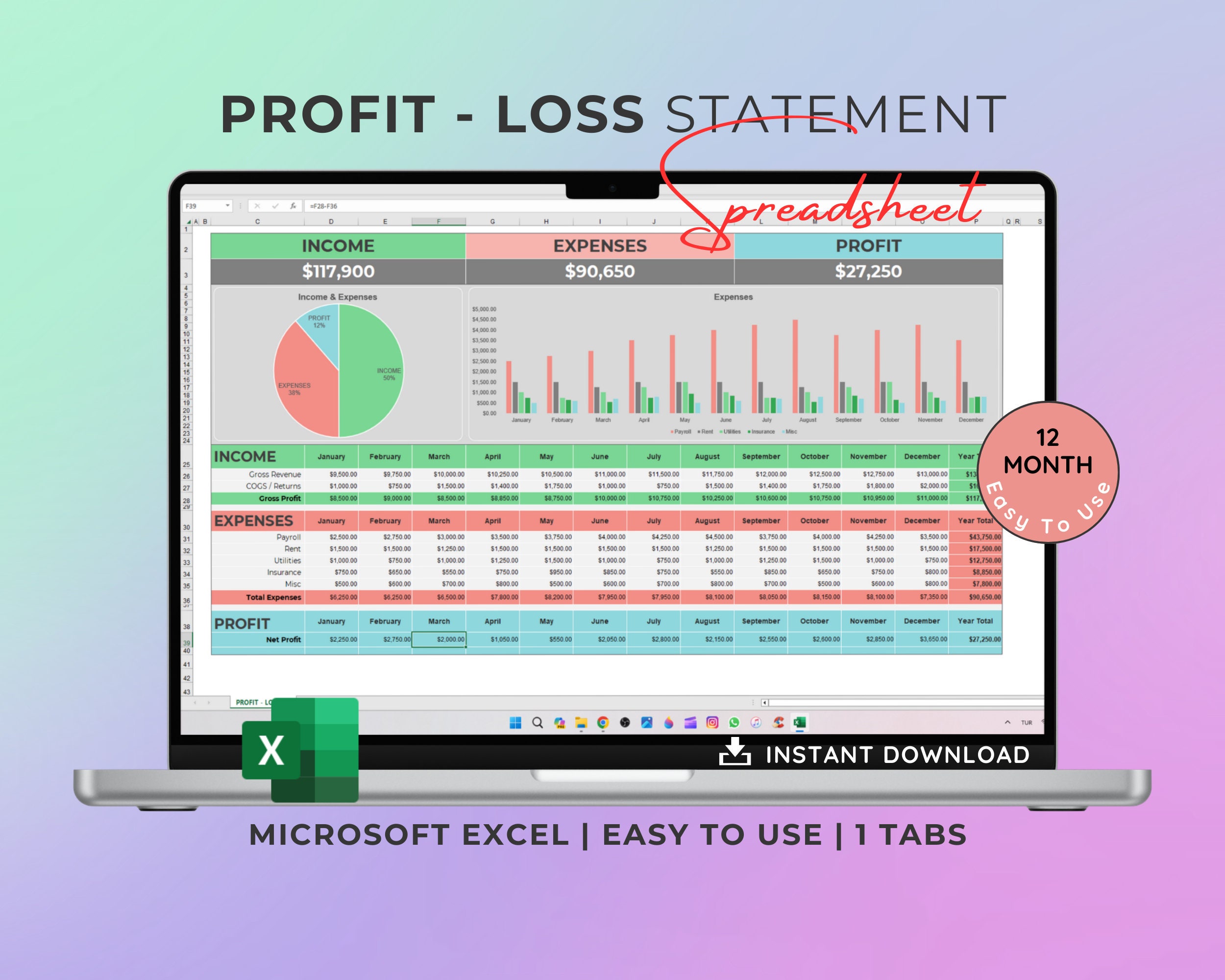 Profit and Loss Statement Template, Annual Profit & Loss Statement ...