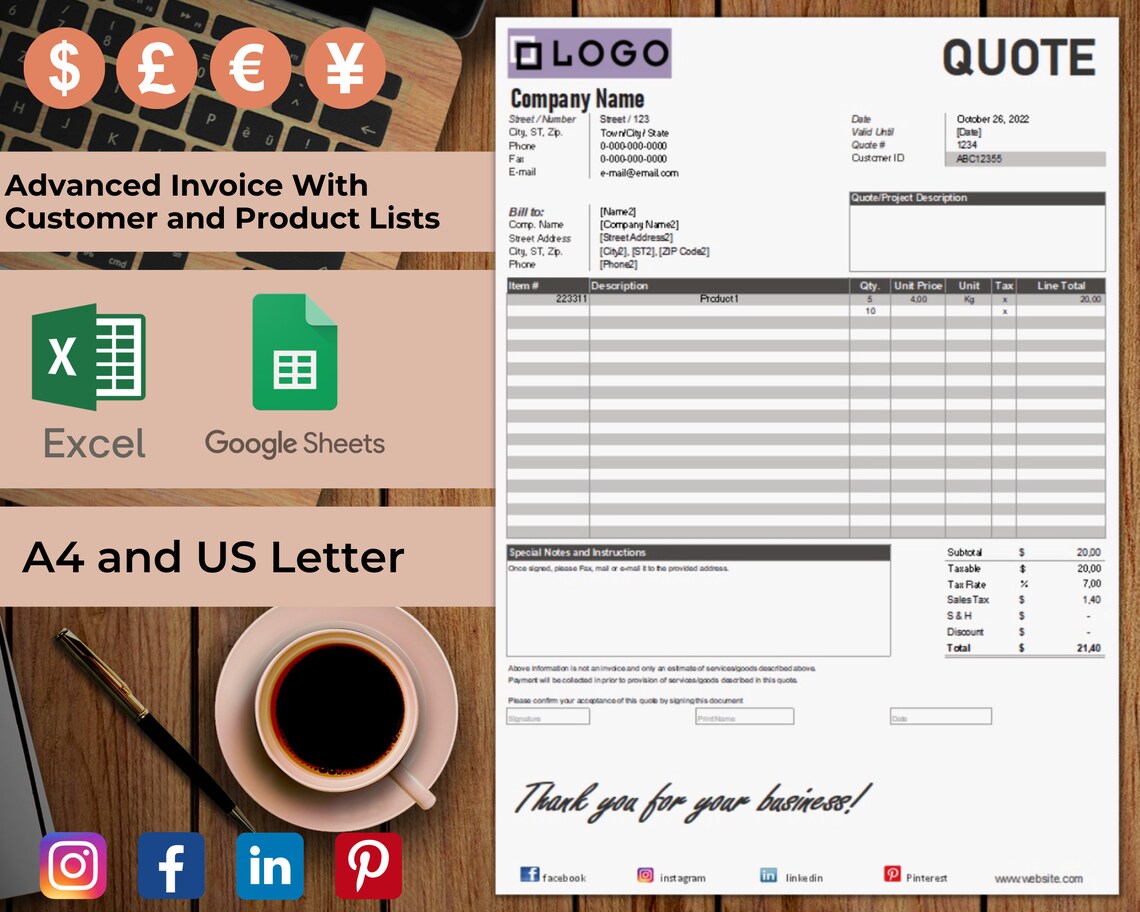 Advanced Quote Template Excel Google Sheets PDF - Etsy