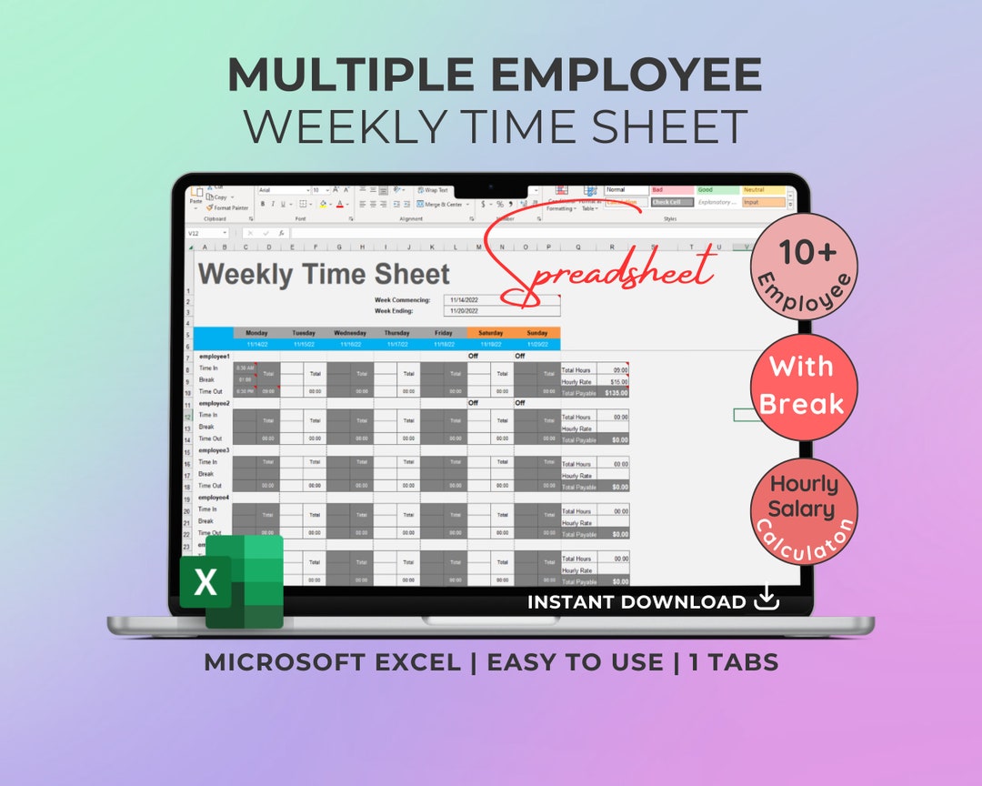 Weekly Time Sheet for Multiple Employees With Breaks, Scheduler ...