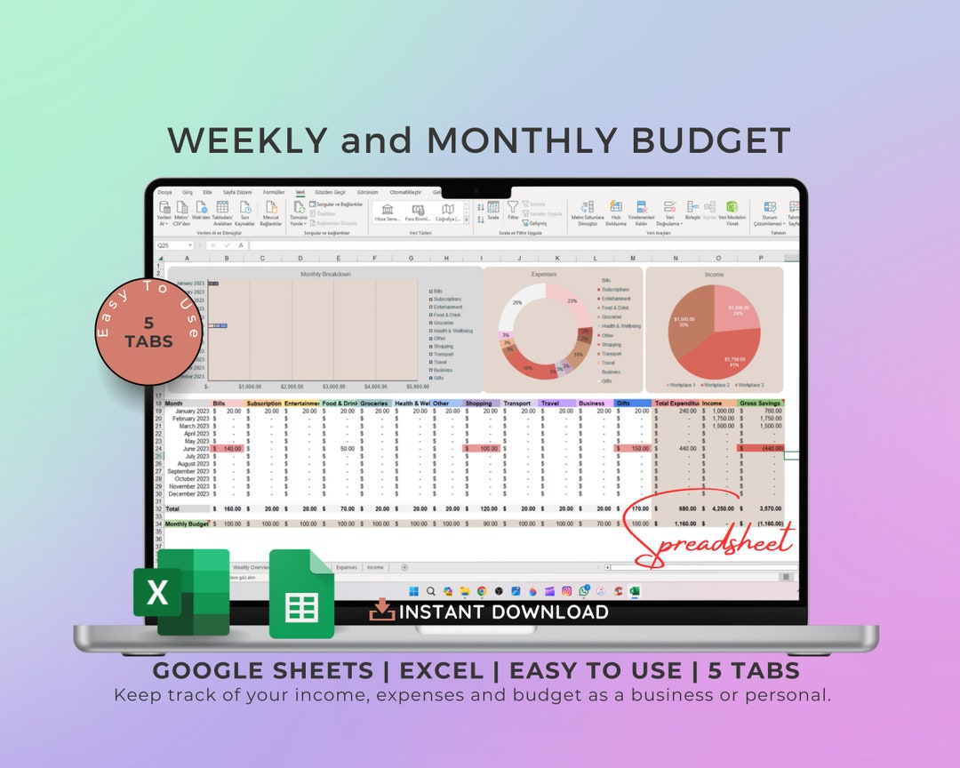 Monthly and Weekly Budget Spreadsheet, Excel and Google Template ...