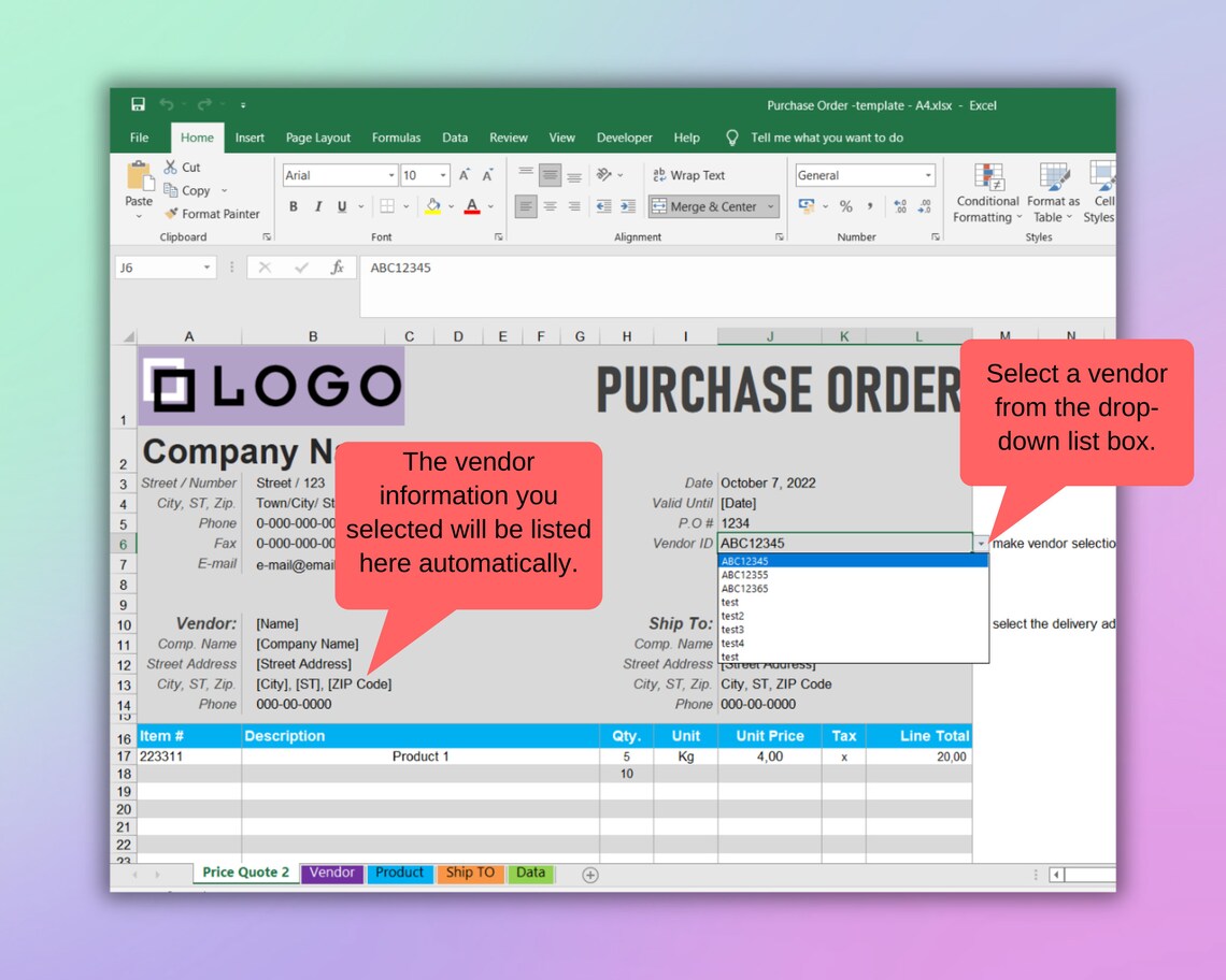 Advanced Purchase Order Form Template, Google Sheets, MS Excel ...