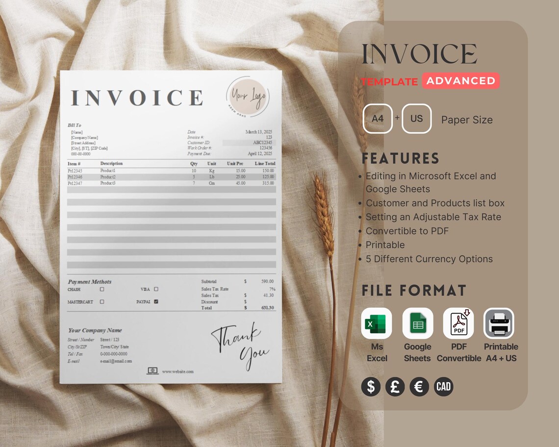 Advanced Invoice Template: Excel & Google Sheets (printable PDF) - Etsy