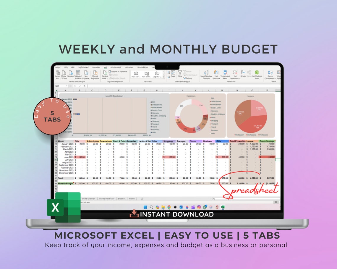 Monthly and Weekly Personal Budget Spreadsheet, Ms Excel Template ...