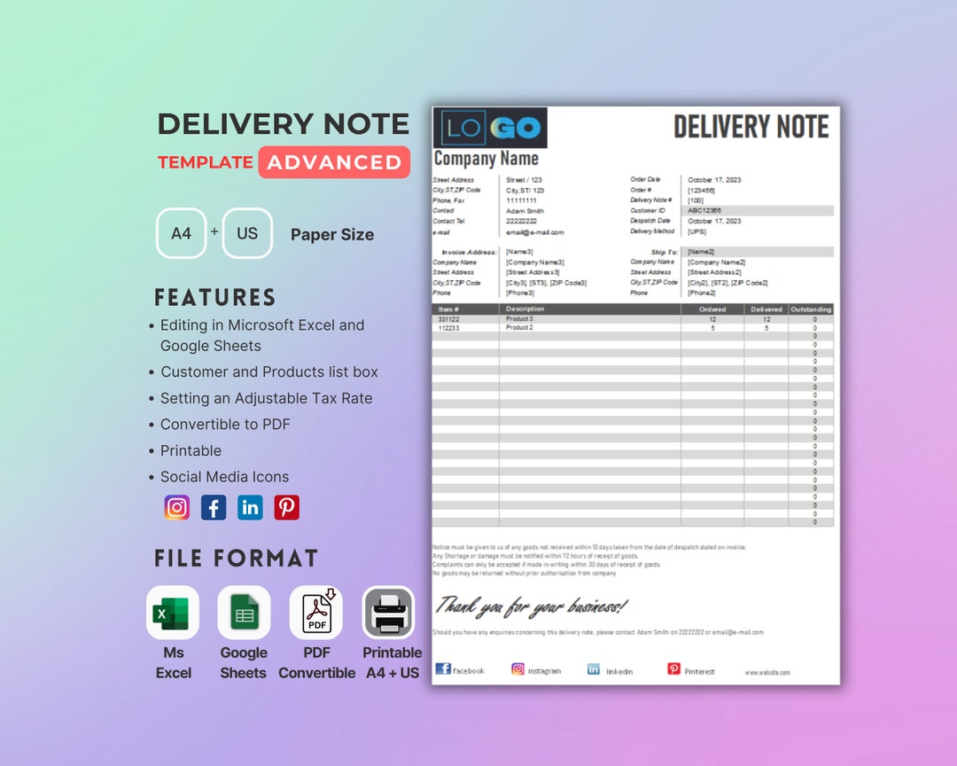 Advanced Delivery Note Template, Packing Slip, Google Sheets, MS Excel ...