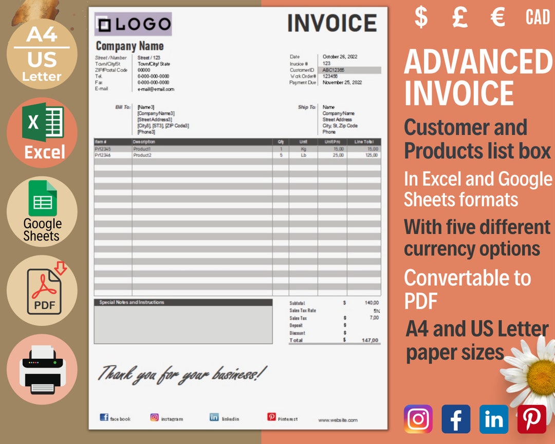 Advanced Invoice Template Selected From Customers and - Etsy