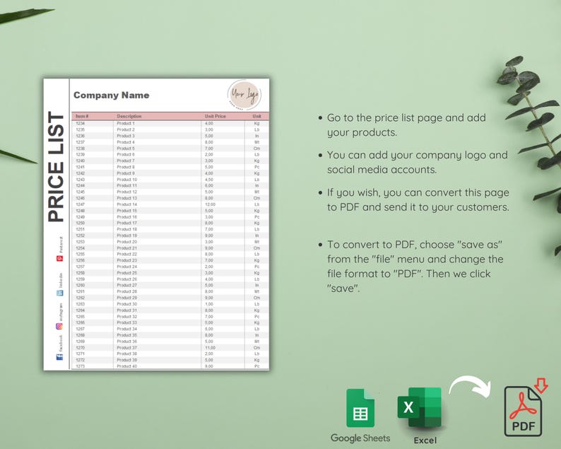 Price List Template, Microsoft Excel, Google Sheets, PDF Convertible ...