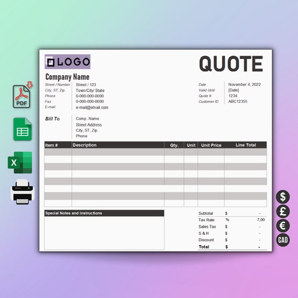 Automated Price List and Quote Template, Google Sheets and Excel, PDF ...