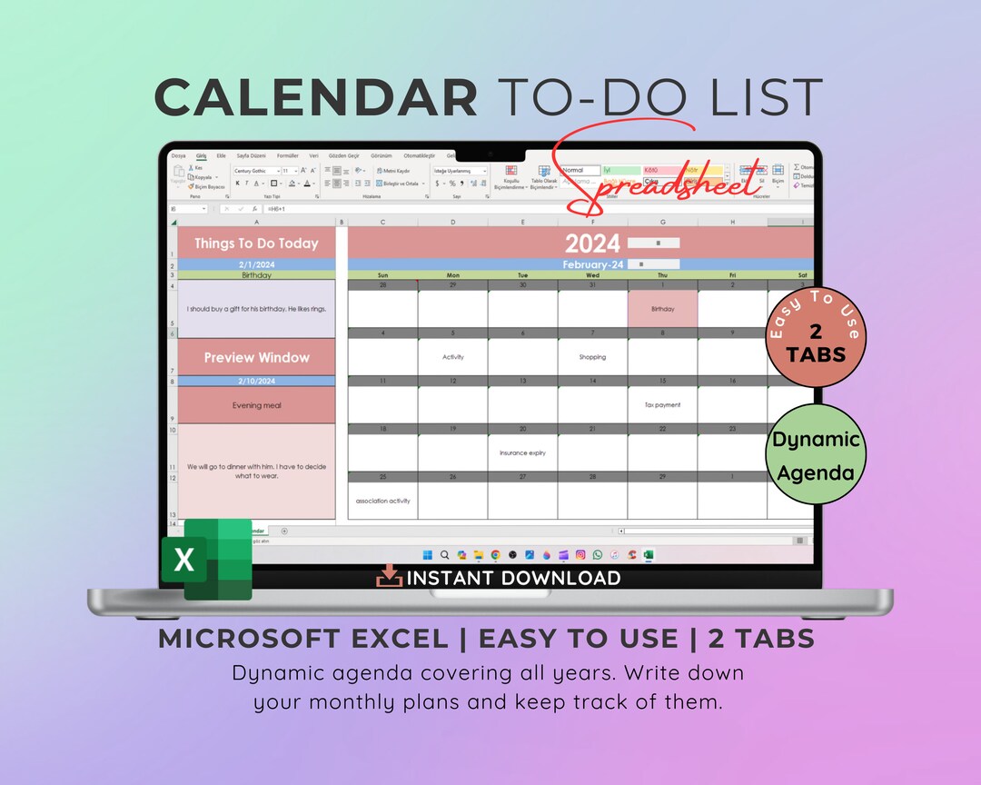 To-do List & Smart Calendar Excel Template: Task Tracker (digital ...