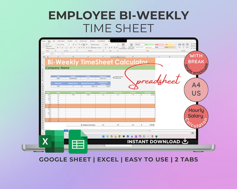 Bi-week Timesheets Employee Table, With Break, Salary Calculator, Excel ...
