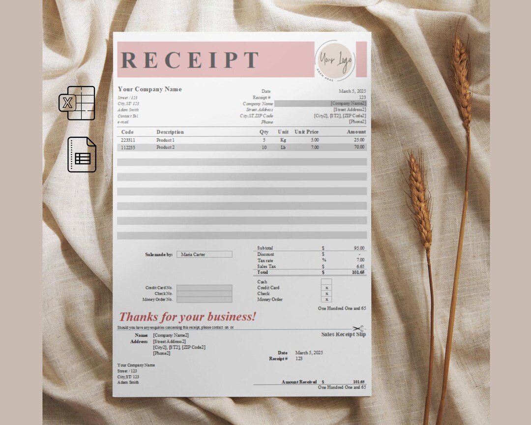 Advanced Payment Receipt Template | Excel & Google Sheets | Printable ...