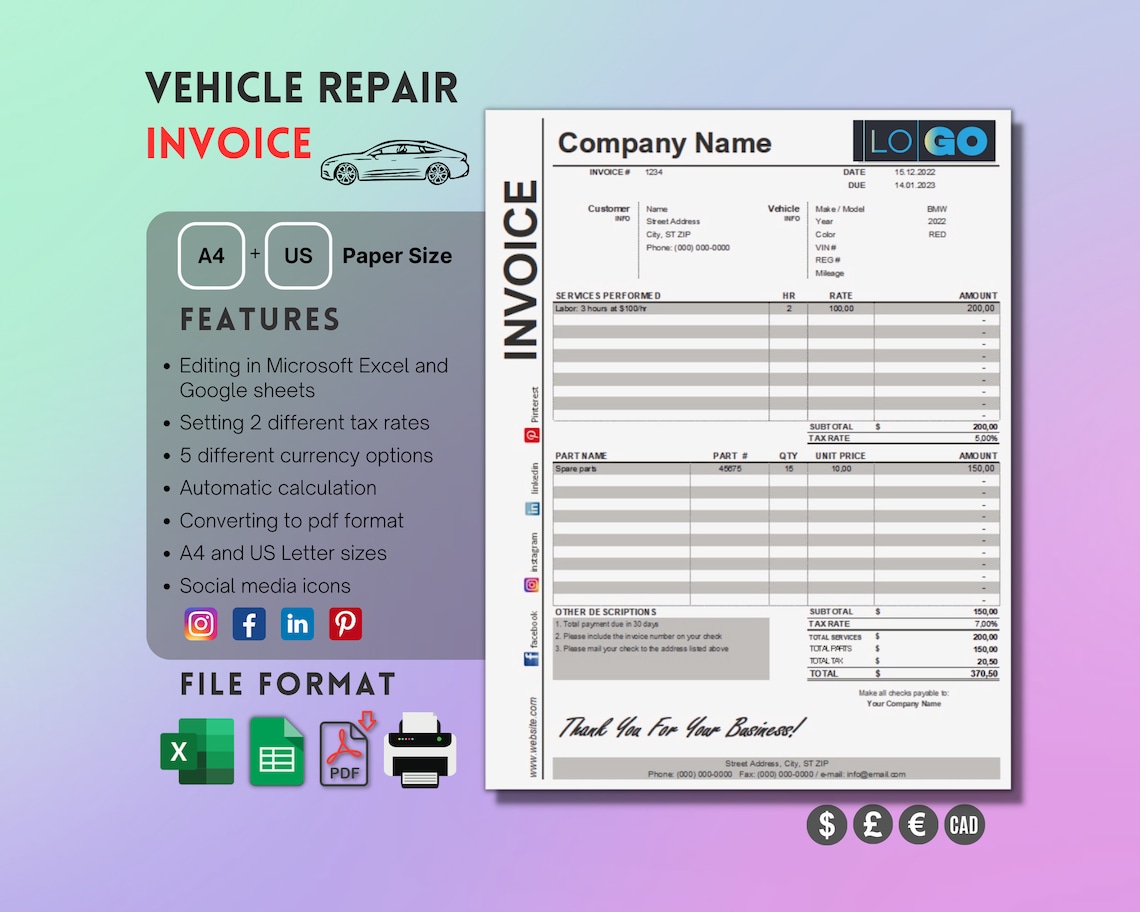 Vehicle Maintenance and Repair Invoice Template, Excel, Google Sheets ...