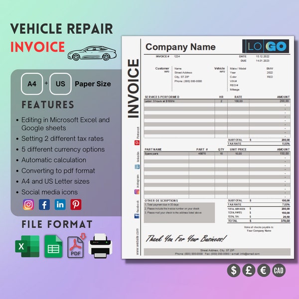 Vehicle Repair Invoice - Etsy