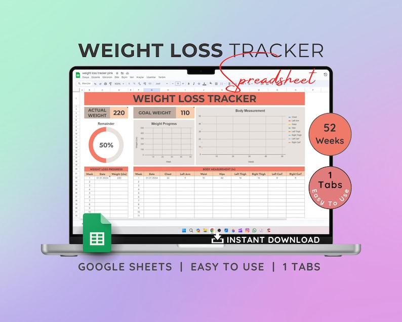 Weight Loss Tracker: Google Sheets Progress Spreadsheet (digital ...