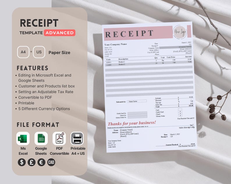 Advanced Payment Receipt Template | Excel & Google Sheets | Printable ...