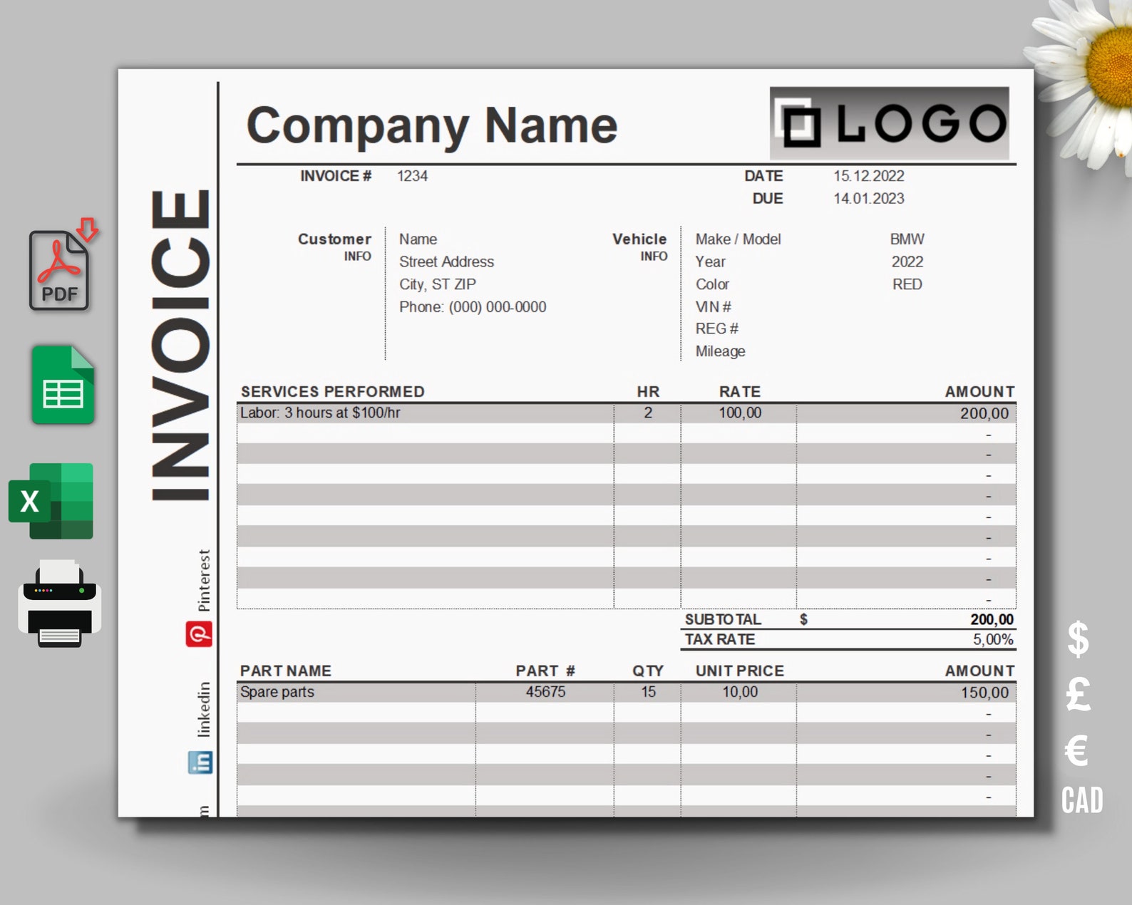 Vehicle Maintenance and Repair Invoice Template Excel Google - Etsy