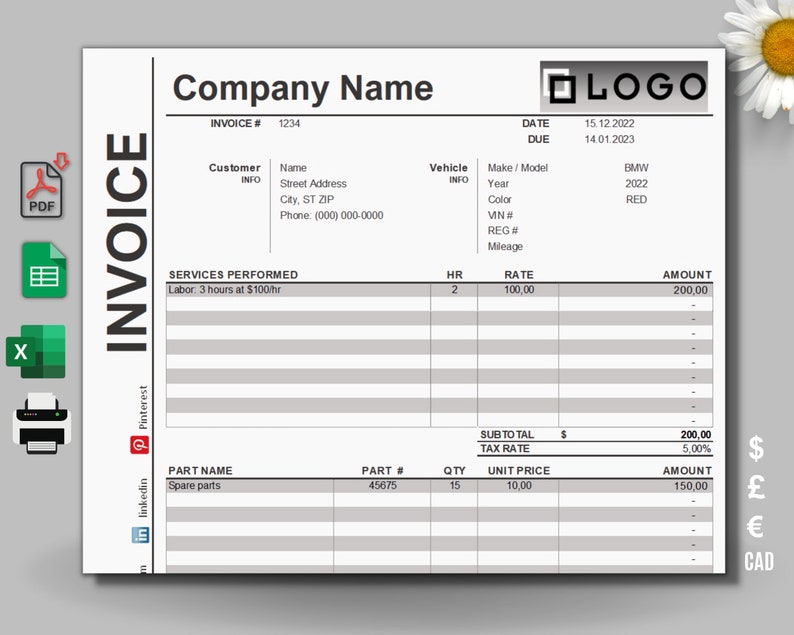 Vehicle Maintenance and Repair Invoice Template Excel Google - Etsy