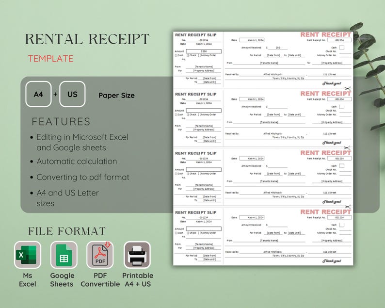 Rental Receipt Template, Excel, Google Sheets, PDF, Receipt Form, for ...