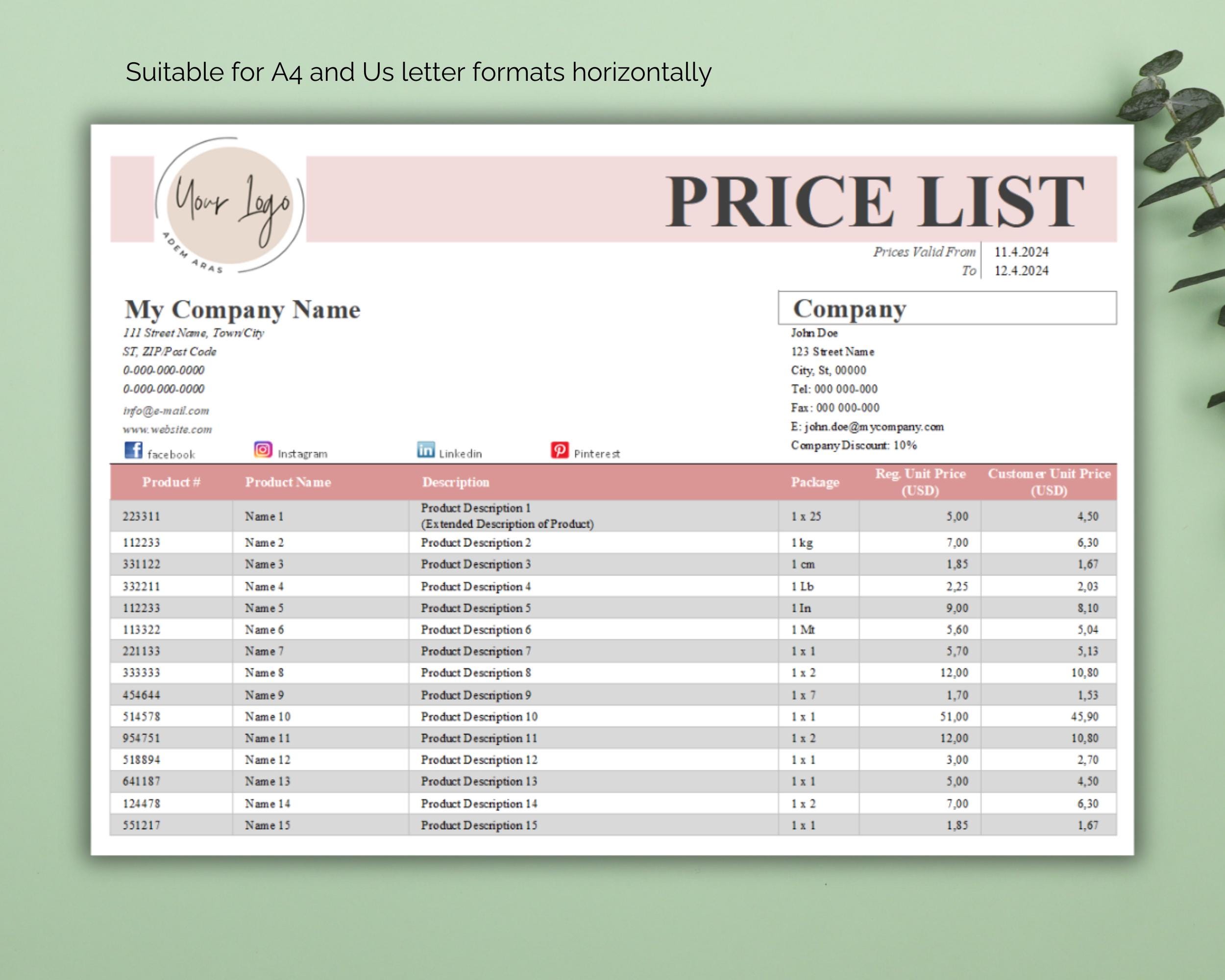 Advanced Price List Template: Excel & Google Sheets (PDF) - Etsy