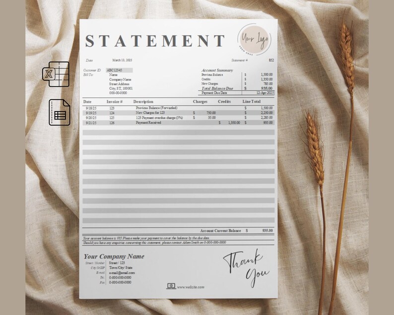 Customer Account Statement Template: Weekly/monthly Invoice (excel ...