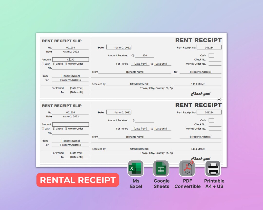 Rental Receipt Template, Excel, Google Sheets, PDF, Receipt Form, for ...