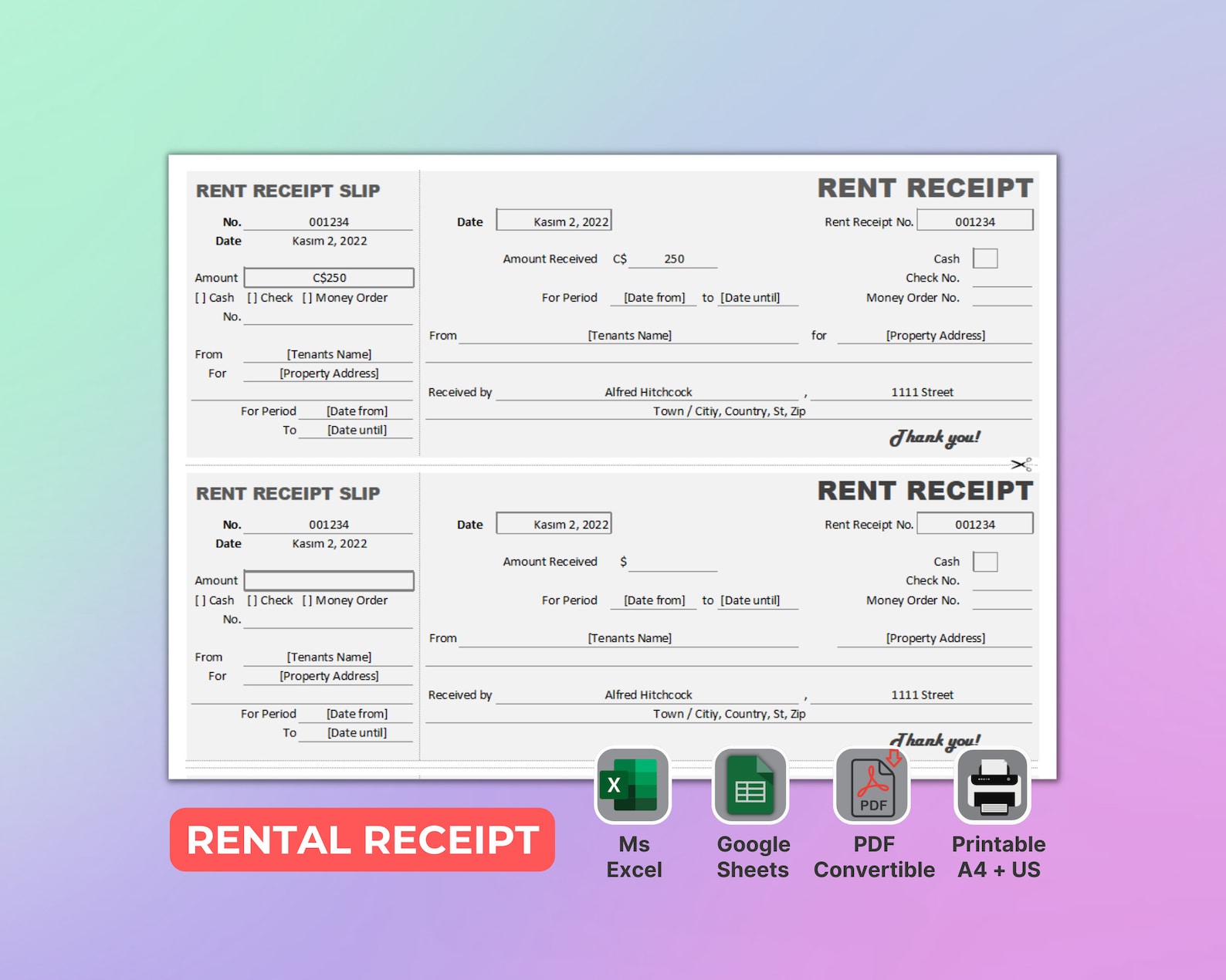 Rental Receipt Template, Excel, Google Sheets, PDF, Receipt Form, for ...