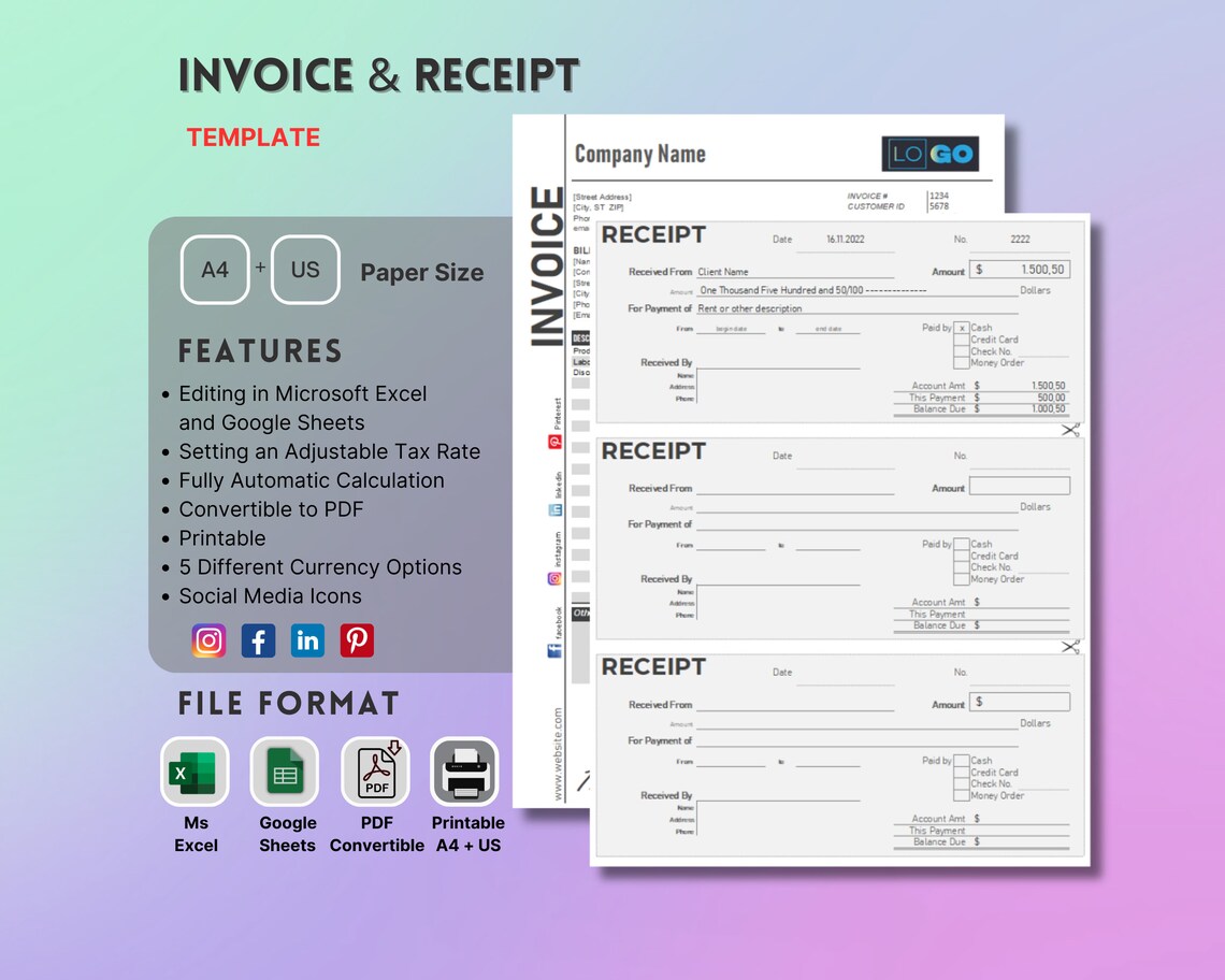 Invoice and Rental Receipt Template, Excel, Google Sheets, Convertible ...