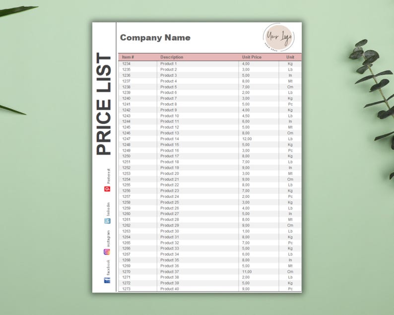 Price List Template, Microsoft Excel, Google Sheets, PDF Convertible ...