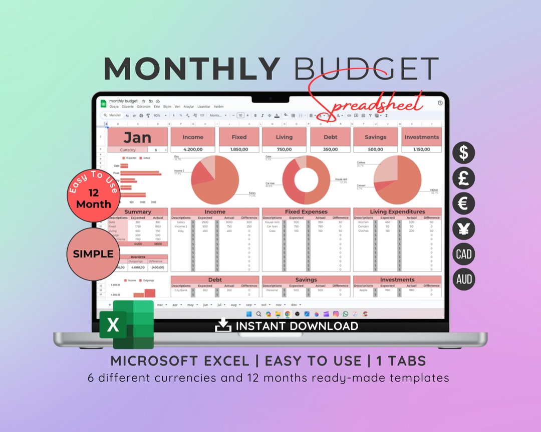 Excel Monthly Budget Template Planner Template Finance Tracker Budget ...