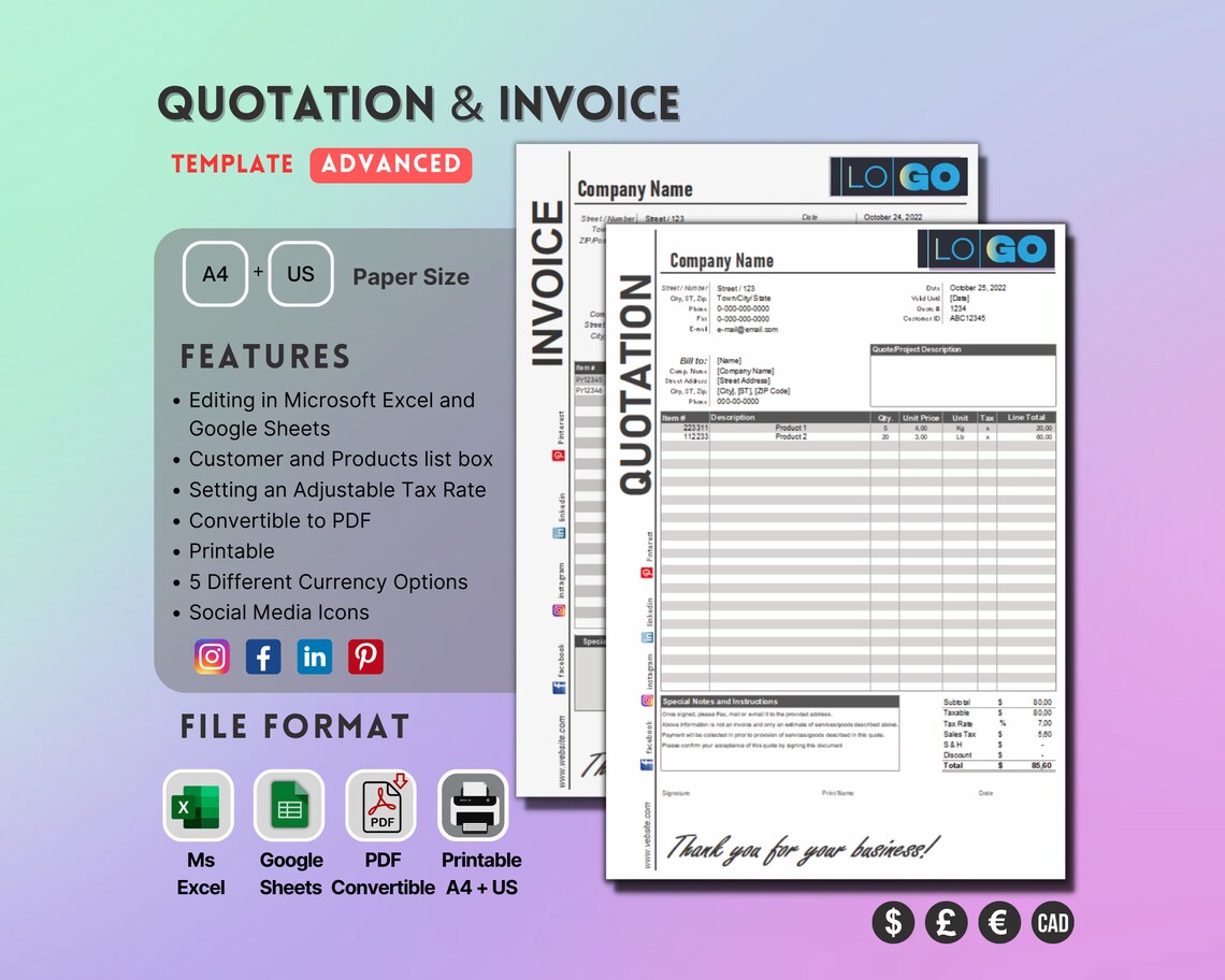 Advanced Invoice and Quotation Template, Selected From Customers and ...